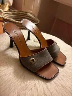CHANEL | Shoes | Vintage Chanel Denim Opentoe Mule Heels With Cc Button ...